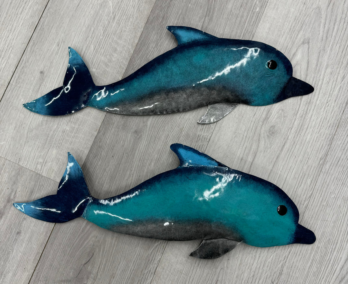 Aqua & Silver Dolphin Metal Wall Art 50cm | Handmade