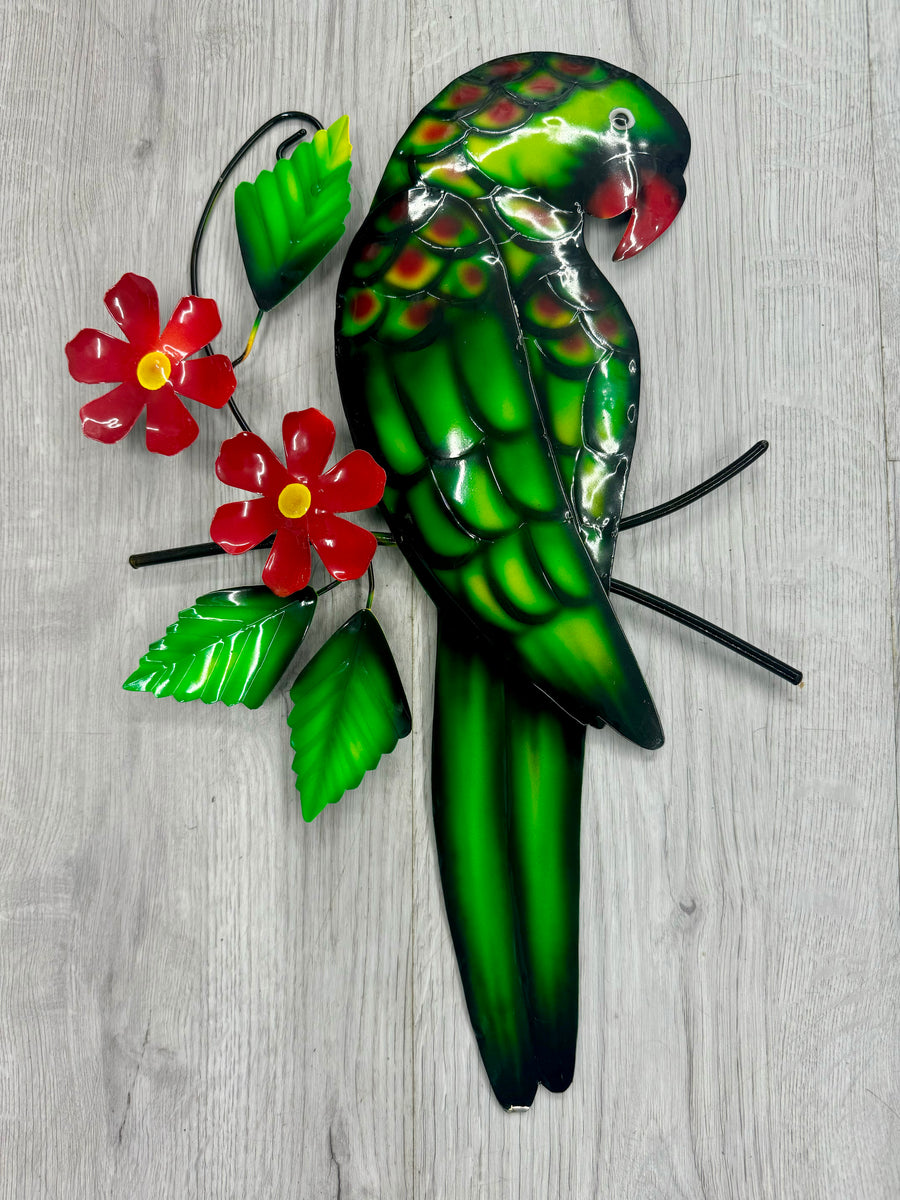 Green & Red Parrot Metal Wall Art 41cm | Hand Made & Hand Painted