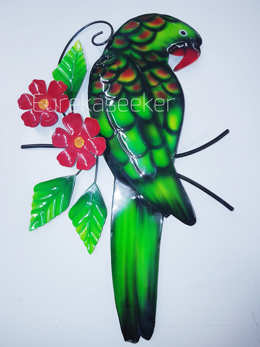Green & Red Parrot Metal Wall Art 41cm | Free Shipping